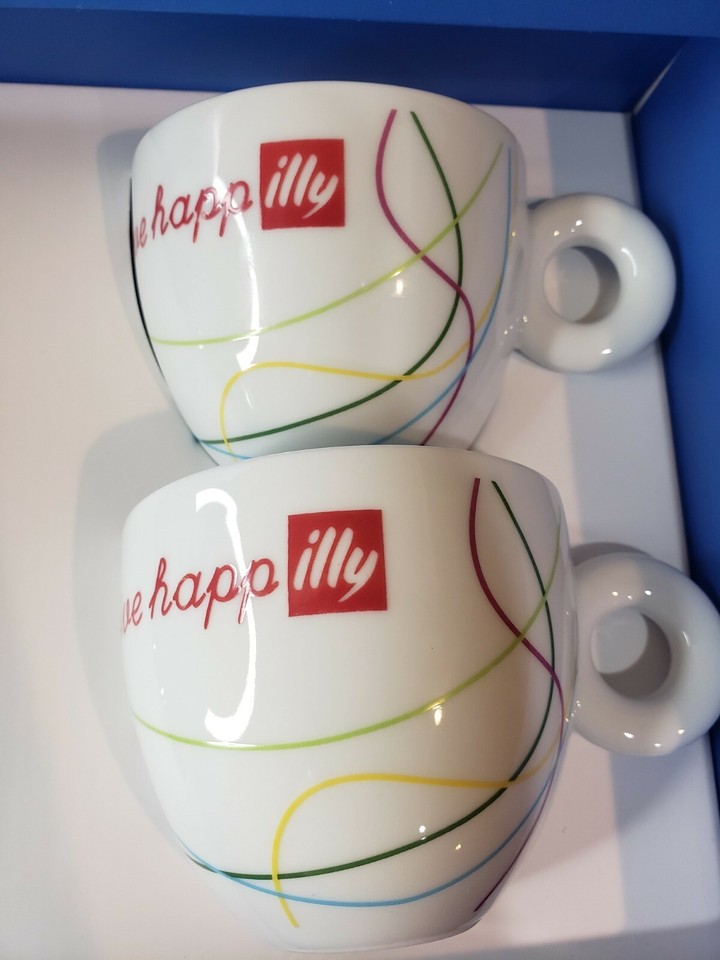 illy LIVE HAPPilly BLUE Art Collection 2 CAPPUCCINO cups 2 saucers RARE ...