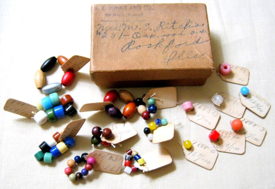 Antique OLD LACE Making Bobbin SPANGLES BEADS 1900's Never Used w/Tags ...