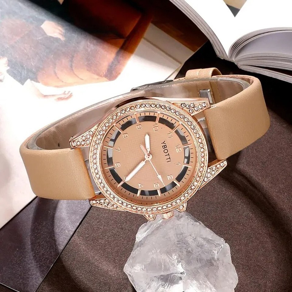 Women's Fashion Quartz Watch Khaki Leather Strap Wristwatch Bracelet ...