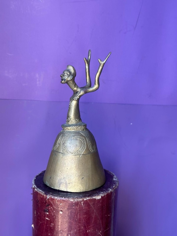 Vintage Fon (Dahomey) Cast Brass Ritual Bell with Figural Dancer Handle ...