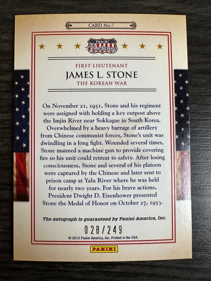 2012 Americana Heroes Medal Honor Card #7 James L. Stone AUTOGRAPH #028 ...
