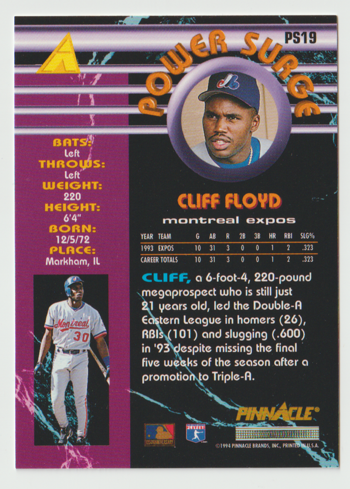 1994 Pinnacle Baseball Power Surge #PS19 Cliff Floyd - Montreal Expos ...
