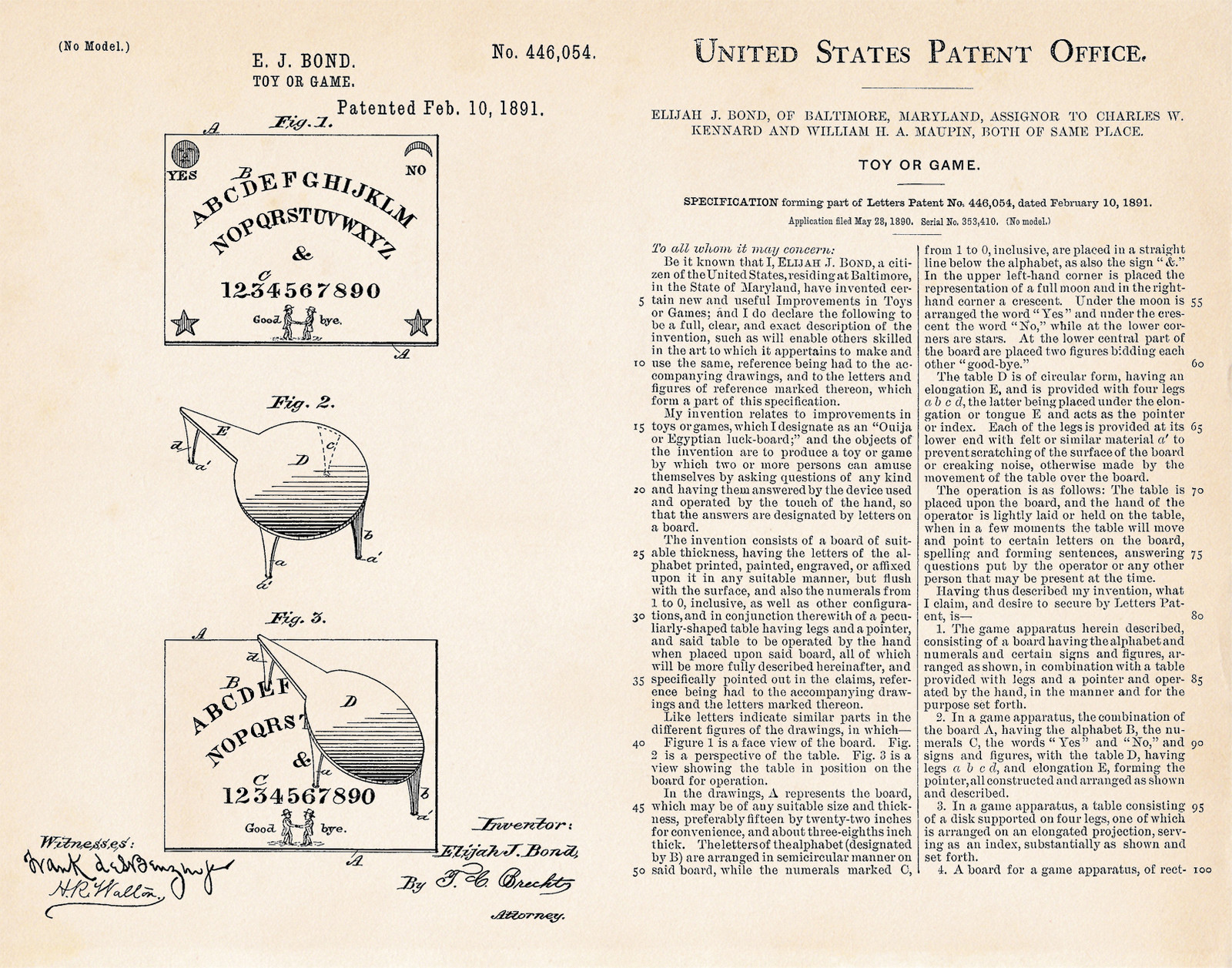 1891 Ouija Board Patent Art Print Game Spirit Talking Weegee Wigi ...