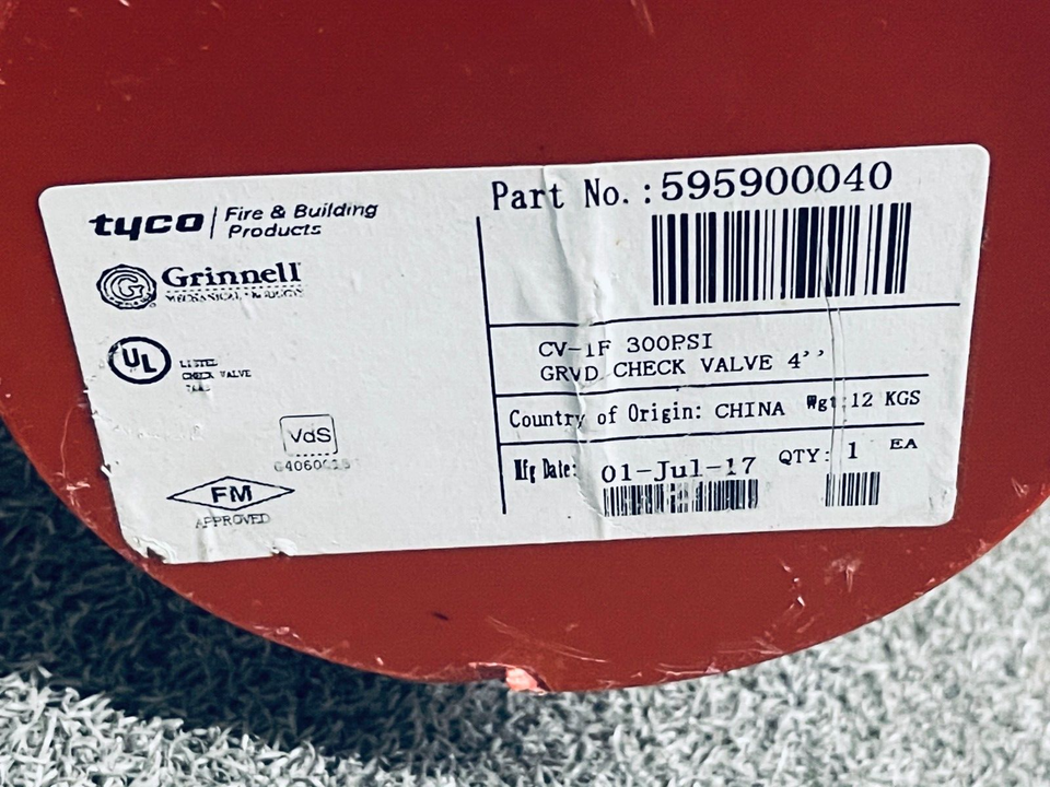 Tyco Check Valve CV-1F 4" Fire Suppression Grooved End Swing 300 PSI | eBay