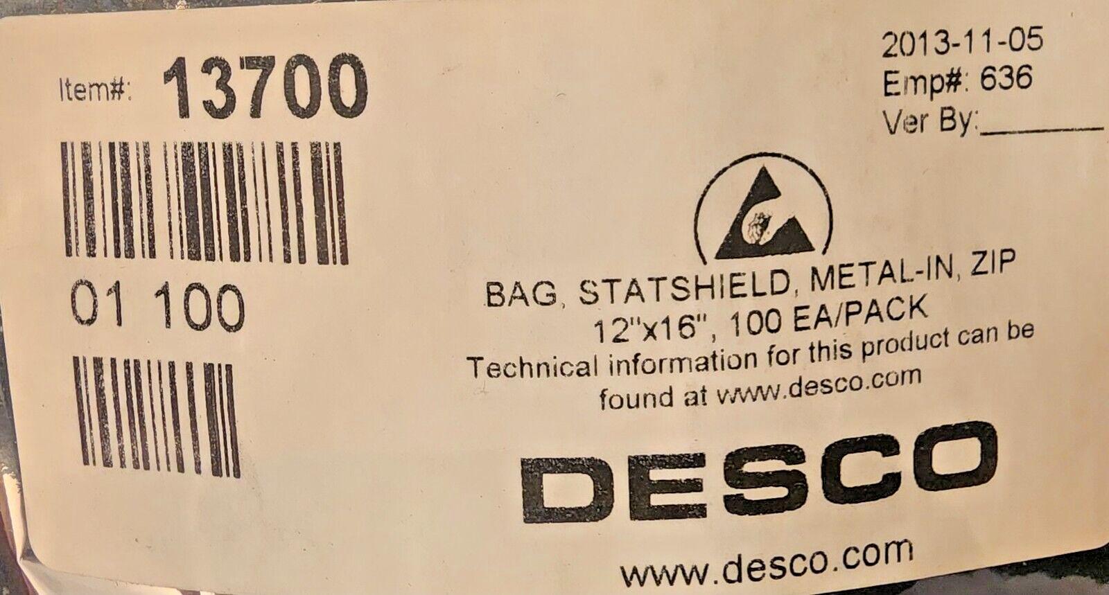 Desco 13700 Statshield® Transparent Metal-In ESD Shielding Bags, Zip ...