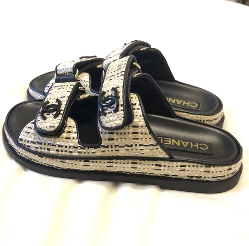 without box Chanel Raffia And Black Leather CC Logo Slides Sandals Size ...