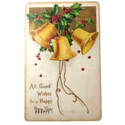 Antique Postcard Ellen Clapsaddle New Year Bells Holly Embossed Gilded ...