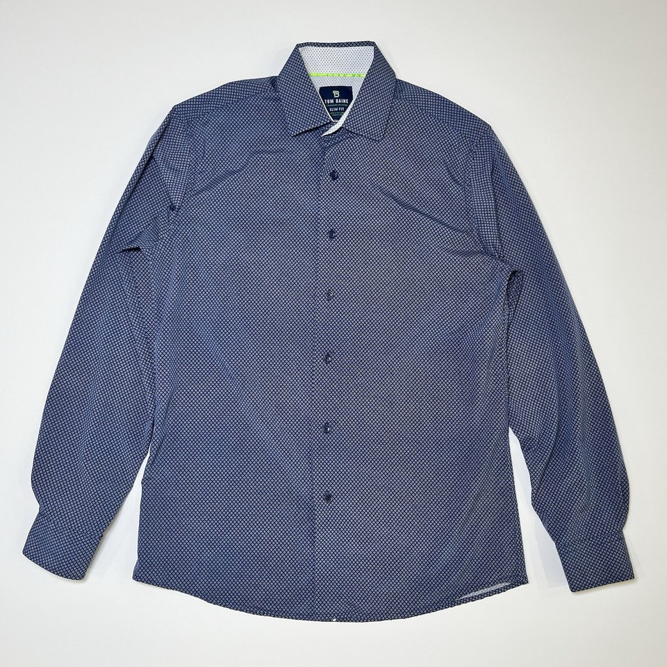 Tom Baine Performance Medium Blue Comfort 4 Way Stretch Slim Fit Button ...