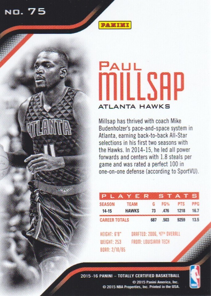 2015-16 Totally Certified Basketball #75 Paul Millsap | eBay