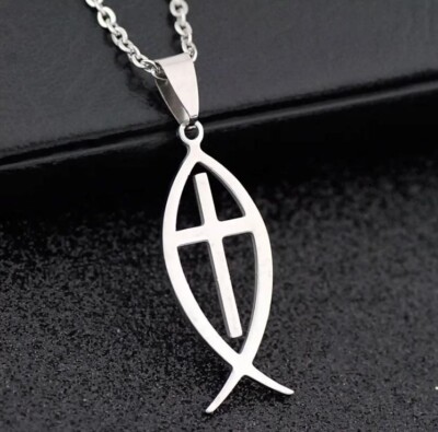Stainless Steel Ichthys Necklace Jesus Fish Pendant Faith Cross Bible ...