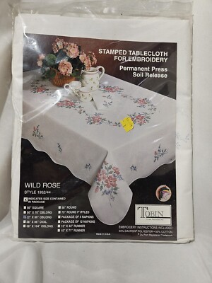 Tobin Wild Rose Stamped Tablecloth for Embroidery Kit 58" by 86" Oblong ...