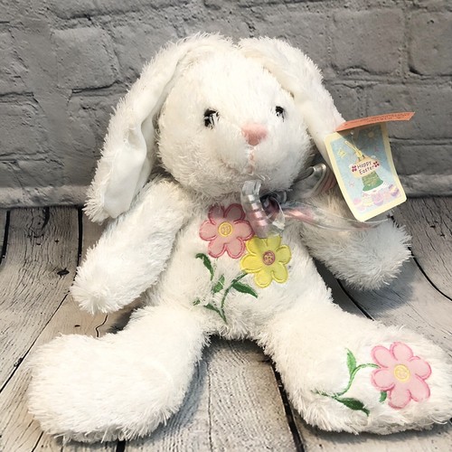 White Bunny Rabbit Plush New Concepts Ltd Floral Bow Flinty Ears Bean ...