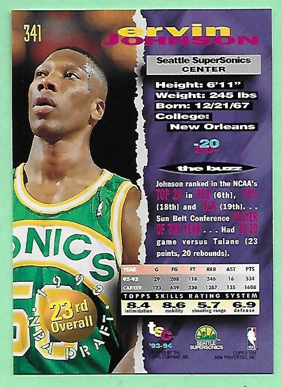 1993-94 Topps Stadium Club Basketball Ervin Johnson #341 Super Sonics ...