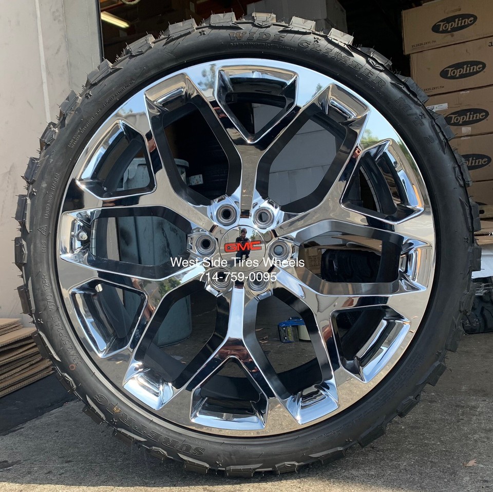 24” SNOWFLAKE CHROME WHEELS Yukon Sierra Silverado Tahoe 33” Mud MT ...