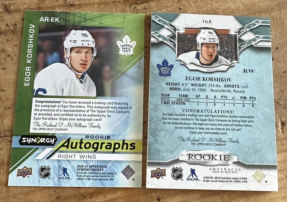 Egor Korshkov 2020-21 Artifacts Rookie Patch #/99 RC Maple Leafs ...