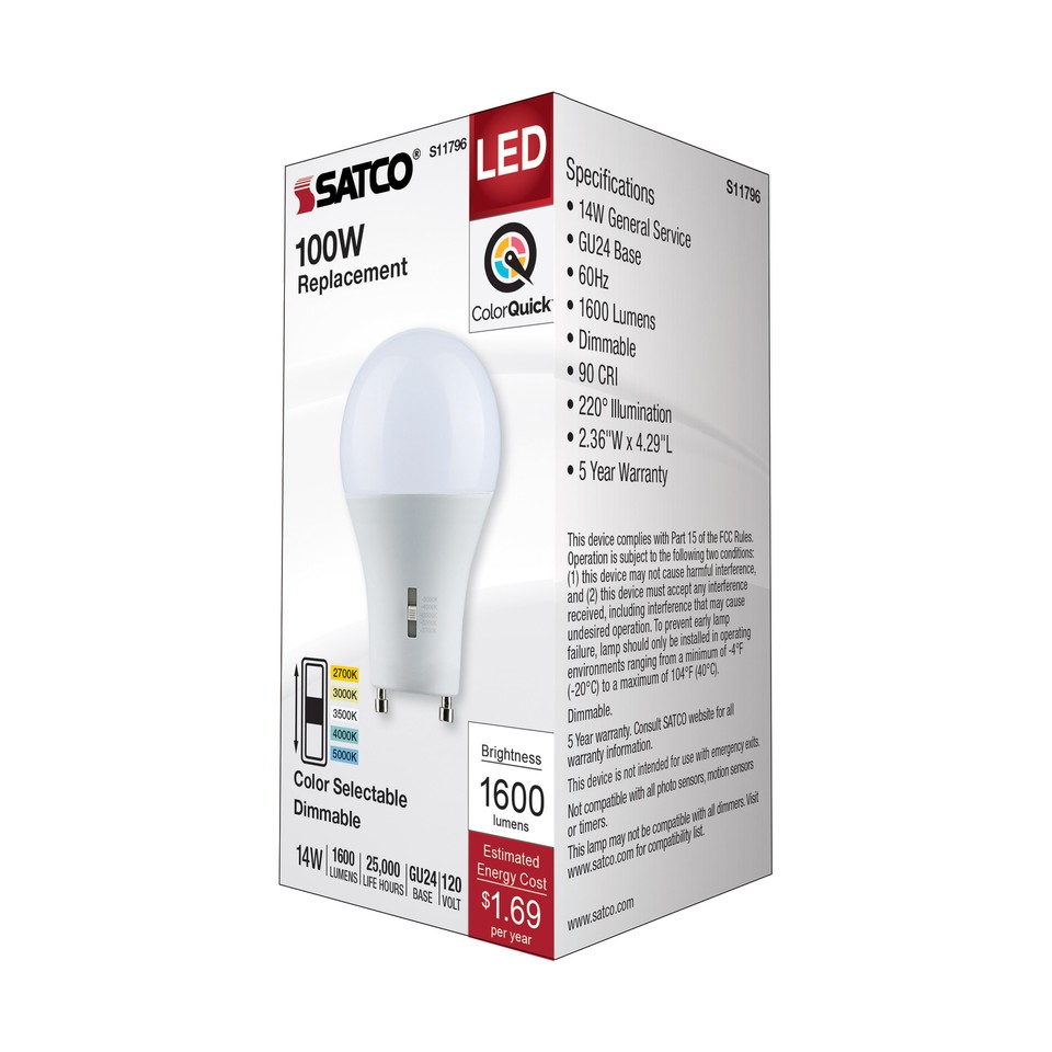 Satco S11796 LED 14W =100W 120V A19 Dimmable CCT Selectable GU24 White ...