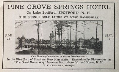 1916 AD.(N8)~PINE GROVE SPRINGS HOTEL, LAKE SPOFFORD, NH. “THE GREAT ...