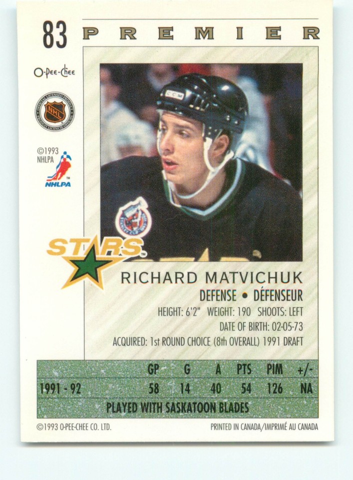 1993 O-Pee-Chee Premier Hockey #83 Richard Matvichuk | eBay