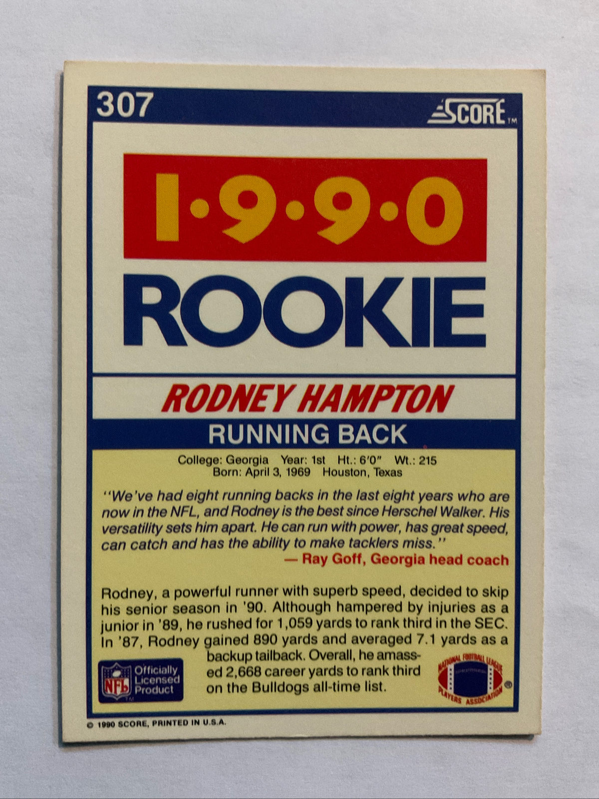 1990 Score RODNEY HAMPTON Rookie RC Georgia BULLDOGS, New York GIANTS ...