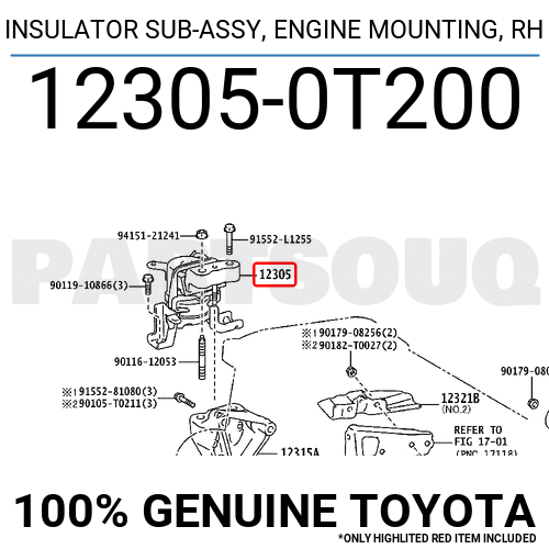 123050T200 Genuine Toyota INSULATOR SUB-ASSY, ENGINE MOUNTING, RH 12305 ...