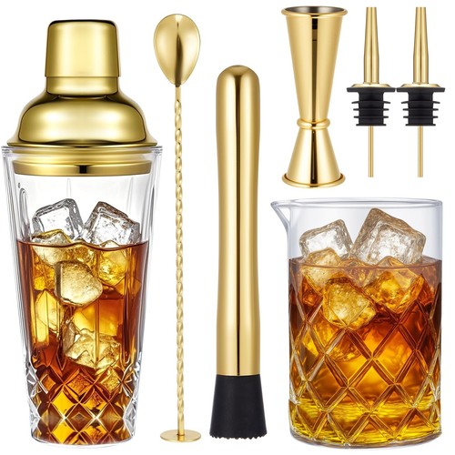 7 Pcs Gold Glass Cocktail Shaker Set Bartender gift set with 14oz ...