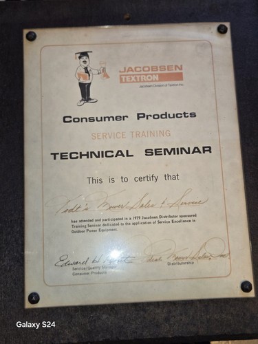 VINTAGE JACOBSEN TEXTRON CONSUMER PRODUCTS TRAINING CERTIFICATE ON WOOD ...
