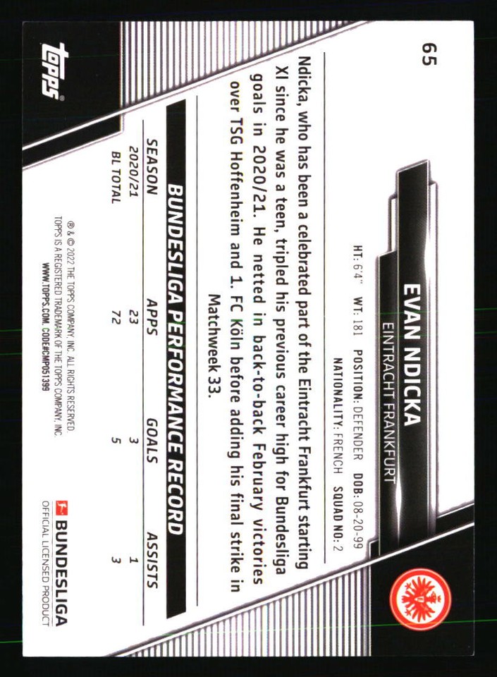 Evan Ndicka 2021-22 Topps Bundesliga #65 SOCCER Card | eBay