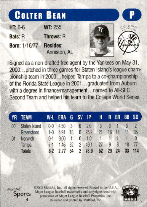 2002 Tampa Yankees Multi-Ad #4 Colter Bean Anniston Alabama AL Baseball ...