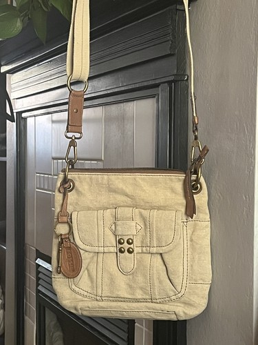 Fossil Tan Canvas/leather Crossbody Messenger Bag Handbag Shoulder Bag ...