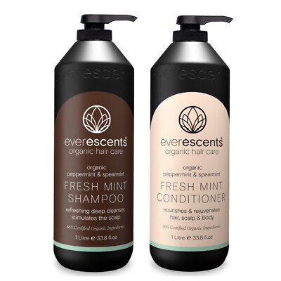 Everescents Organic Fresh Mint Shampoo and Conditioner 1000ml 1L Duo ...