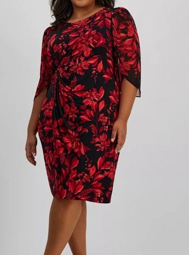 Connected Apparel Women Red Gathered-Waist 3/4-Sleeve Sheath Dress Plus ...