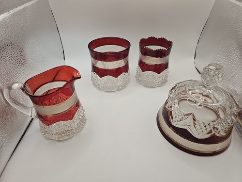 Antique Duncan & Miller Ruby Frosted Tumbler Cream Pitcher Dish Cover 4 ...