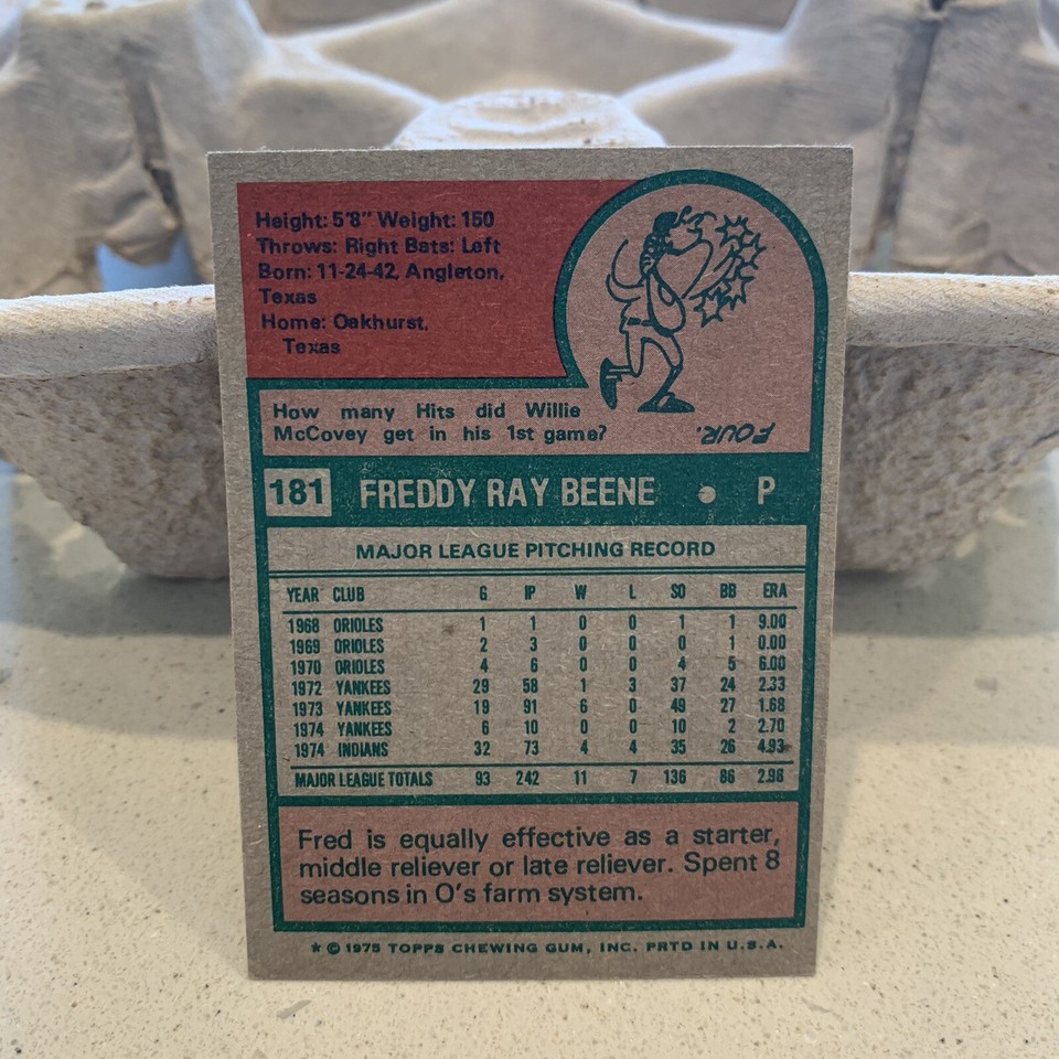 1975 Topps # 181 Fred Beene Cleveland Indians Guardians Baseball Card ...