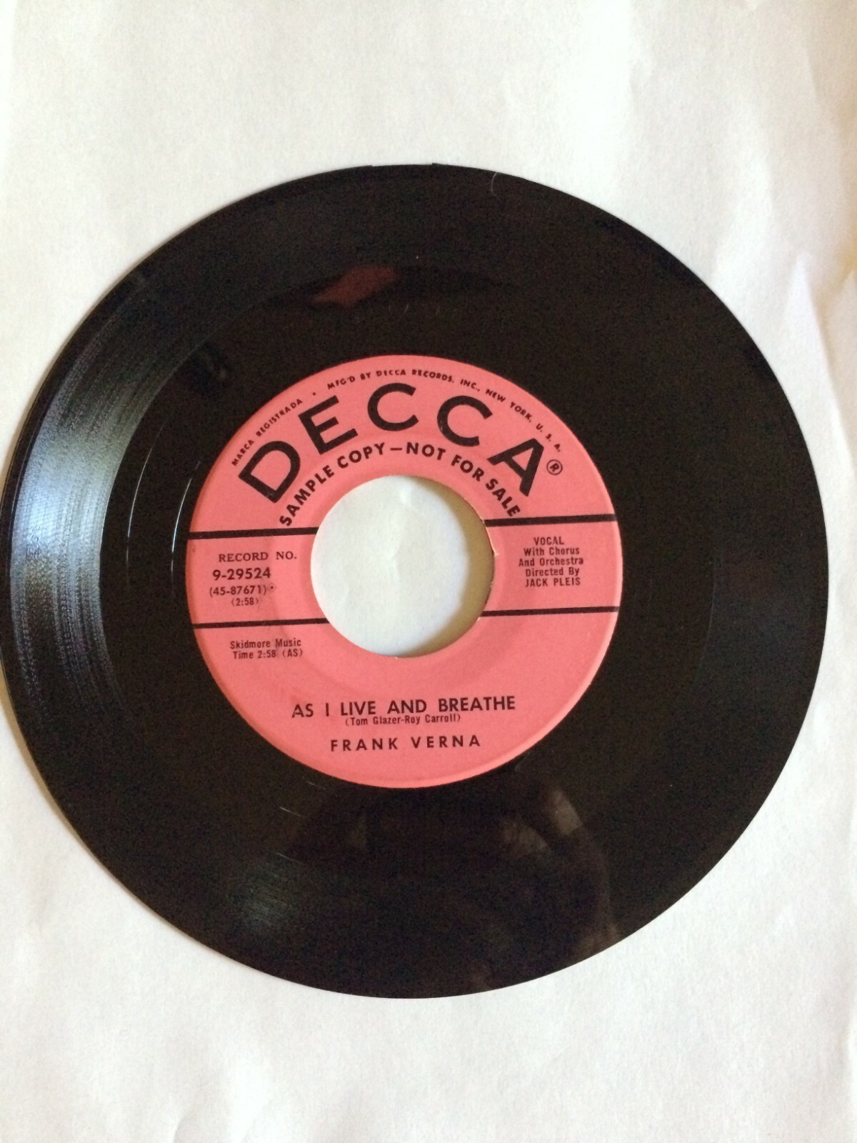45 RPM FRANK VERNA DECCA 9-29524 VG+ SAMPLE COPY /NFS 1955 | eBay