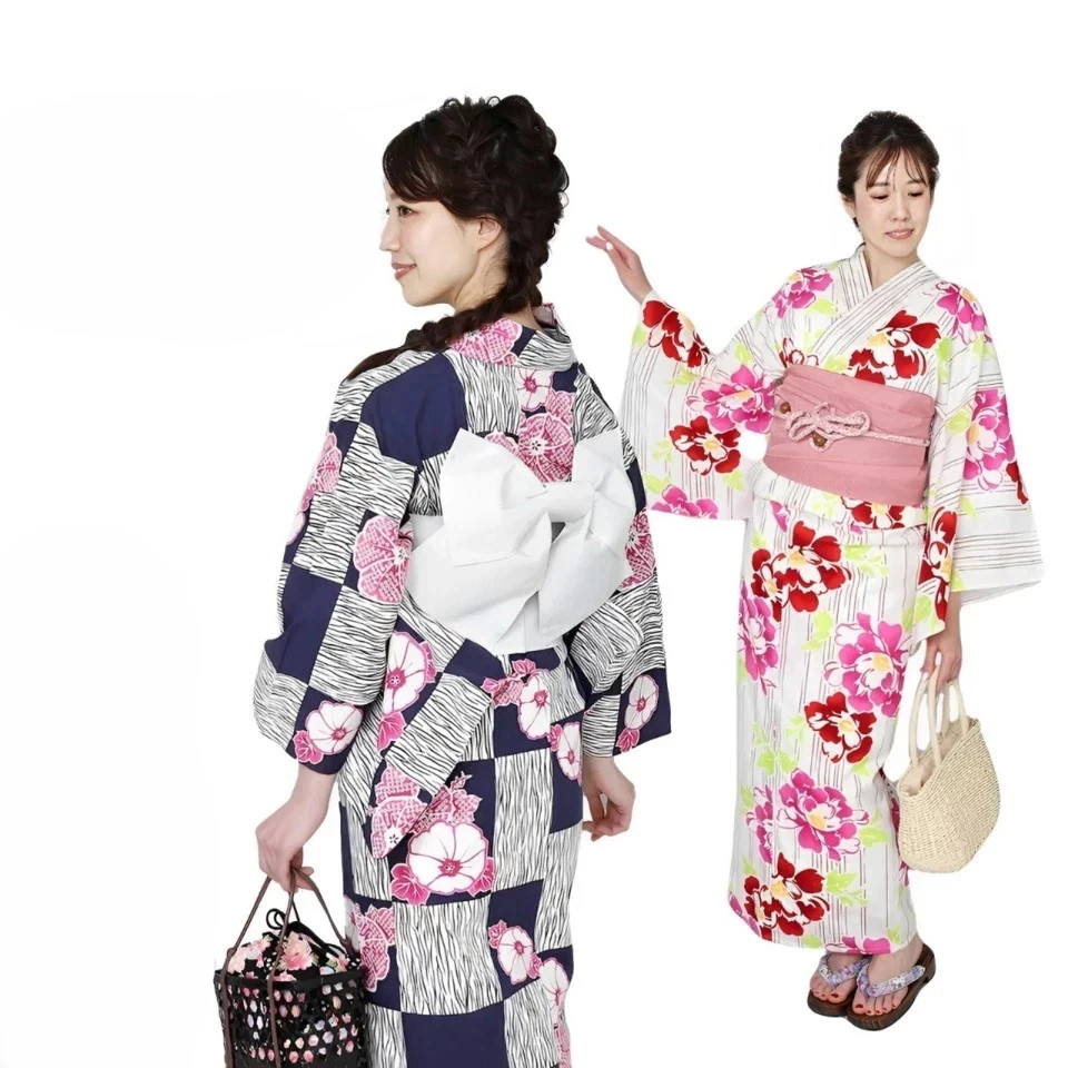 Japanese Summer kimono Yukata+Ribbon pre-tied obi(Ribbon"Yellow")set ...