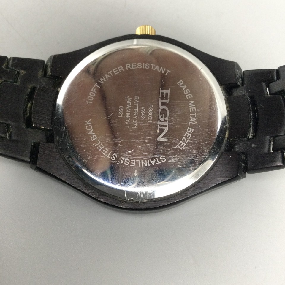 Vtg Elgin Diamond Watch Men 42mm Gold Tone Black Dial Date New Battery ...