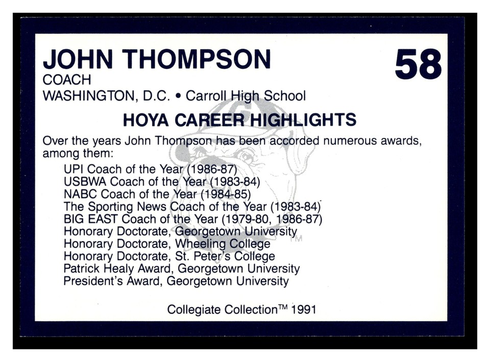 1991 Collegiate Collection Georgetown Hoyas #58 John Thompson ...