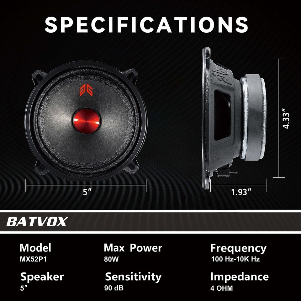 MX52P1 Midrange Loudspeaker 5" Red Dust Cap, 160W Max, 4 Ohms, Premium ...