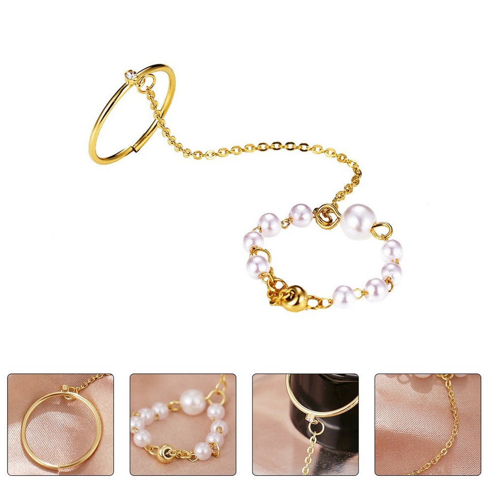 2 pcs Simple Chain Finger Ring Creative Retro One-piece Pearl Ring Chic ...