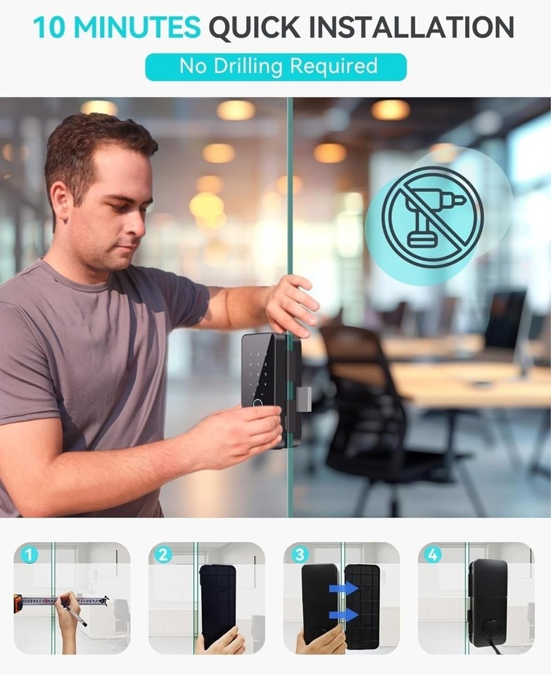 2025 New Smart Glass Door Lock for Frameless DoorsNo-Drill Keyless ...