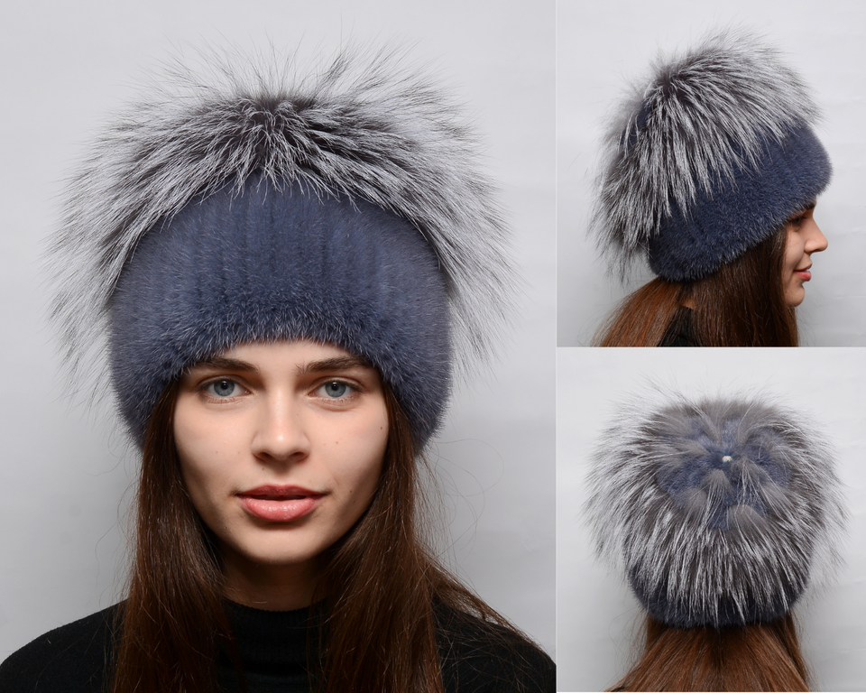 Womens Real Mink Fur Hat with Silver Fox Knit Winter Fur Hat Luxury ...