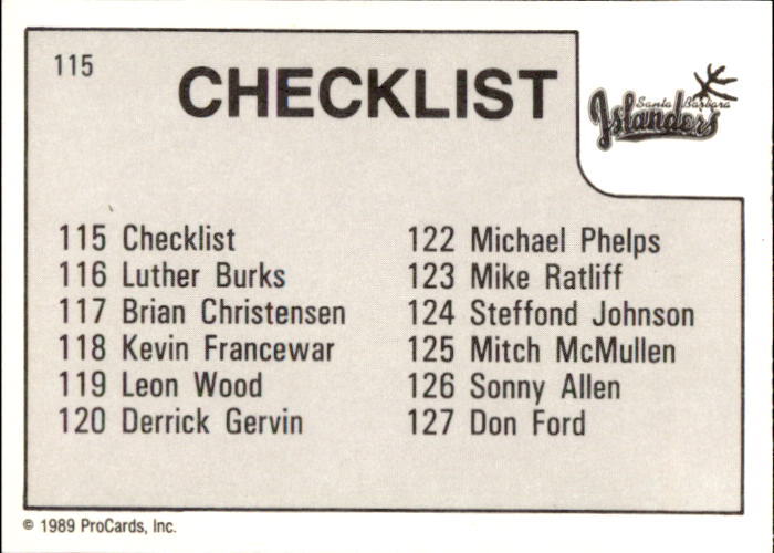 1989-90 ProCards CBA #115 Santa Barbara Islanders Checklist - NM ...