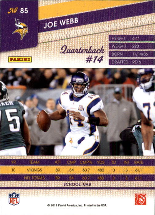 2011 Panini Threads Football Card #85 Joe Webb | eBay