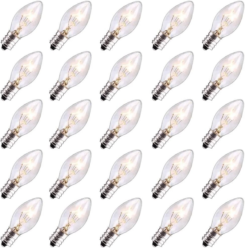 25 Pack C7 Christmas Replacement Clear Bulbs C7/E12 Incandescent Light ...