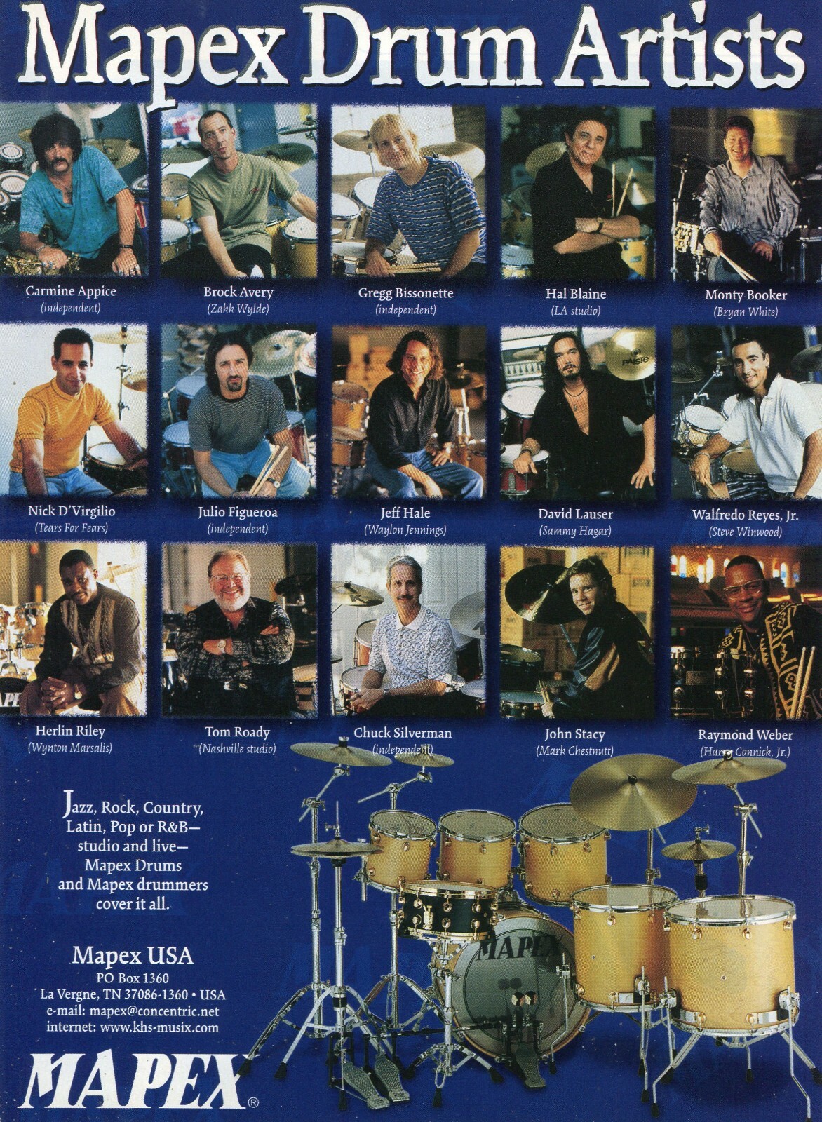 1998 Print Ad of Mapex Drum Artists w David Lauser, Jeff Hale, Nick D ...
