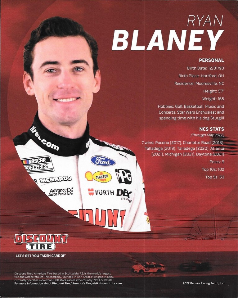 RYAN BLANEY NASCAR CUP Autographed POST CARD #22 2022 | eBay
