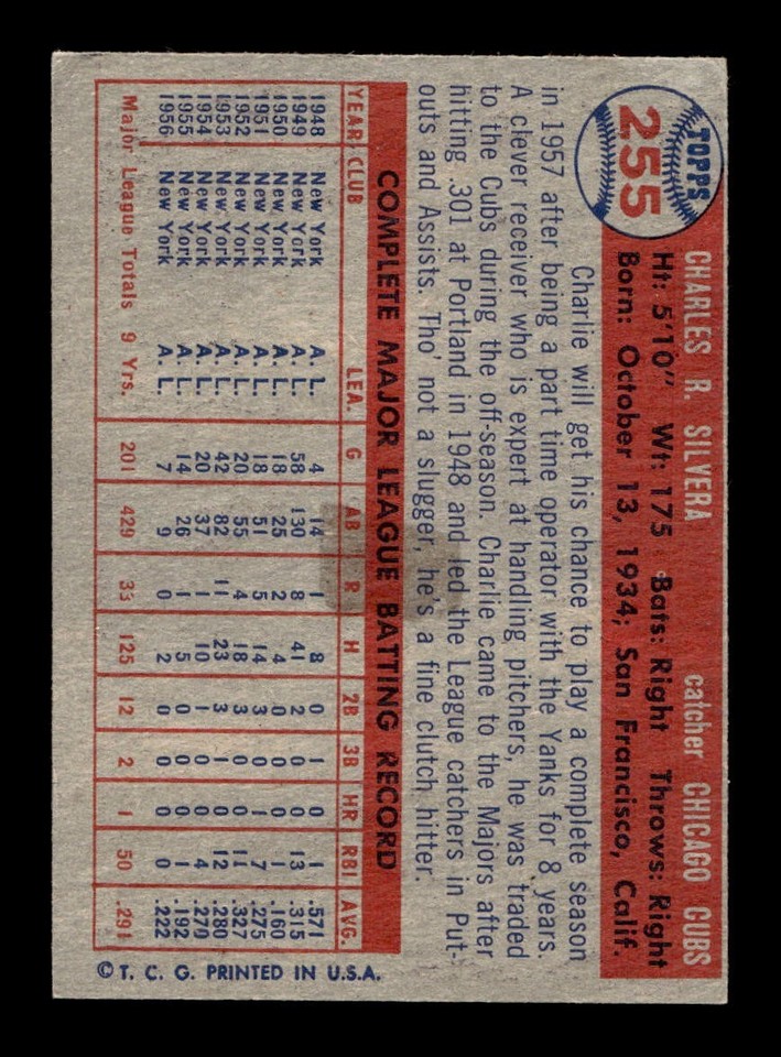 1957 Topps #255 Charlie Silvera Cubs EX *3s | eBay