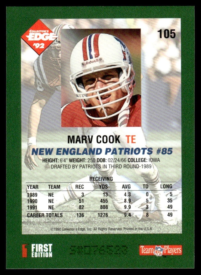 1992 Collector's Edge Marv Cook New England Patriots #105 | eBay