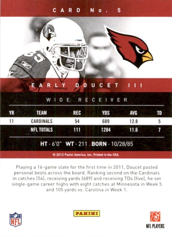 2012 Panini Prestige Early Doucet Arizona Cardinals #5 Football Card | eBay
