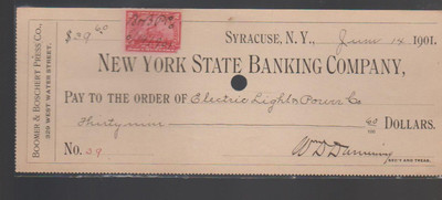New York State Banking Company Syracuse Used Check 1901 w Revenue Stamp ...
